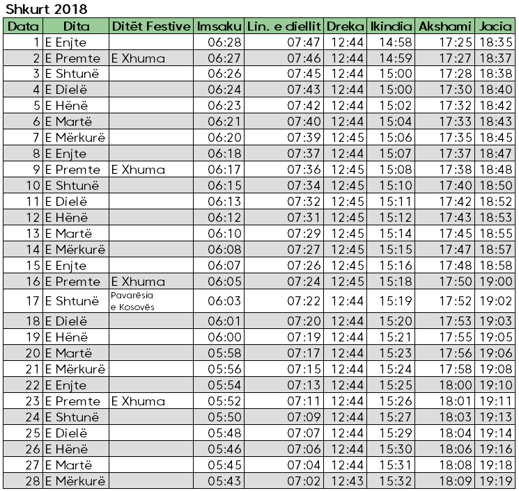 Takvimi 2018 – Qendra Islame Shqiptare Stuttgart