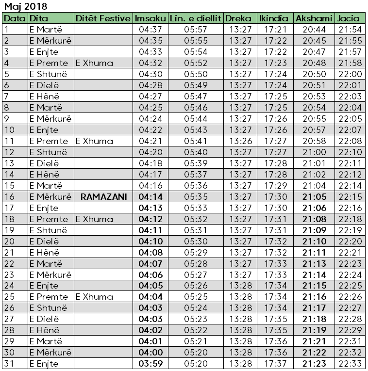 Takvimi 2018 – Qendra Islame Shqiptare Stuttgart