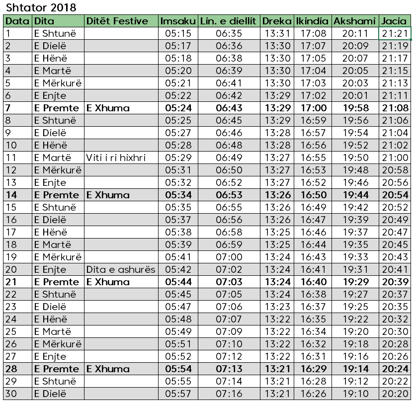 Takvimi 2018 – Qendra Islame Shqiptare Stuttgart